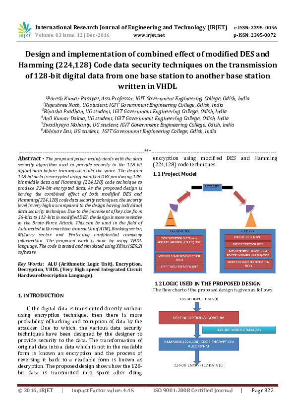 (PDF) Design and implementation of combined effect of modified DES and Hamming (224,128) Code ...