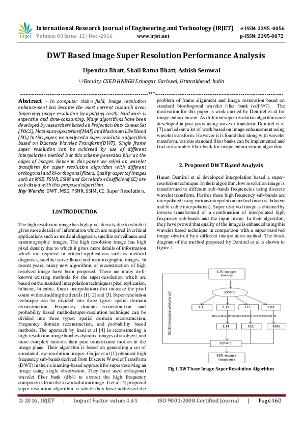 (PDF) DWT Based Image Super Resolution Performance Analysis
