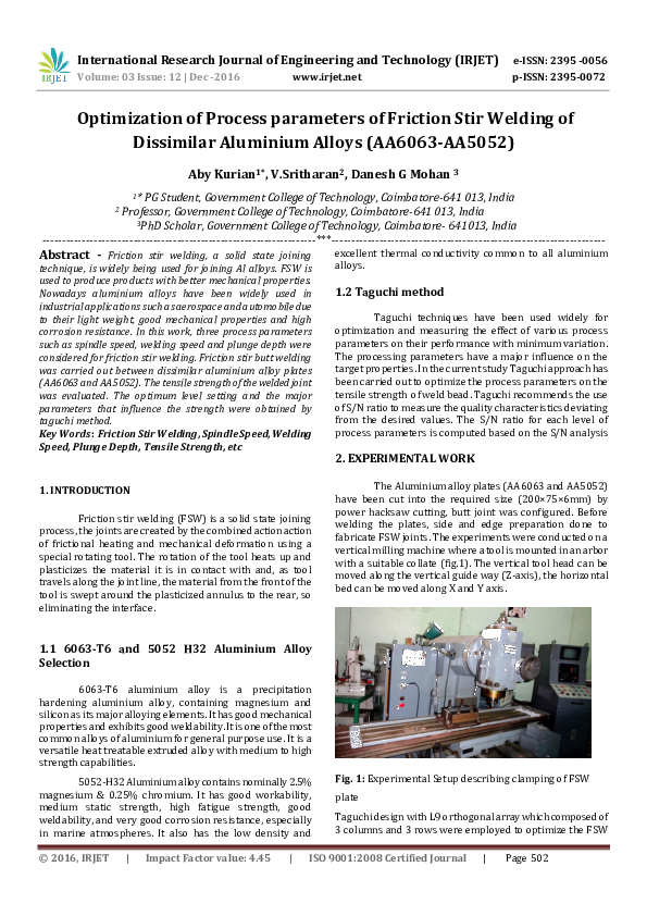 (PDF) Optimization of Process parameters of Friction Stir Welding of Dissimilar Aluminium Alloys ...