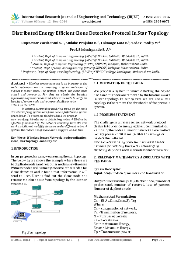 Pdf Distributed Energy Efficient Clone Detection Protocol In Star Topology