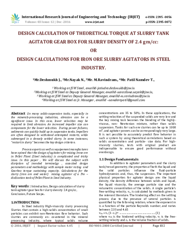 (PDF) Design Calculation of Theoretical Torque at Slurry Tank Agitator ...