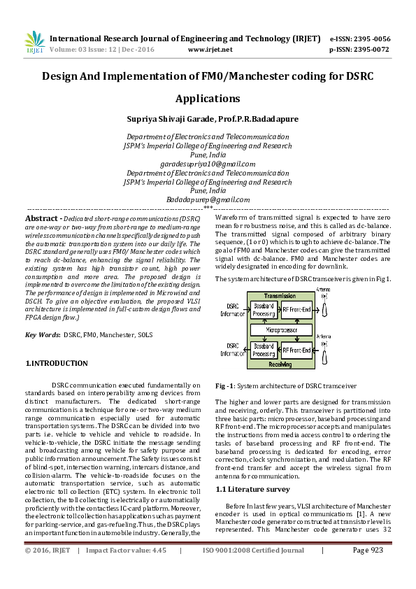 Pdf Design And Implementation Of Fm0manchester Coding For Dsrc Applications