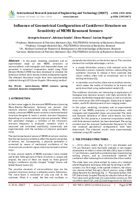 (PDF) Influence of Geometrical Configuration of Cantilever Structure on Sensitivity of MEMS ...