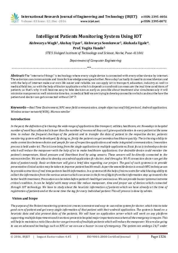 (PDF) Intelligent Patients Monitoring System Using IOT
