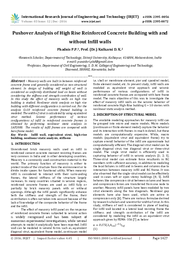Pdf Pushover Analysis Of High Rise Reinforced Concrete Building With And Without Infill Walls