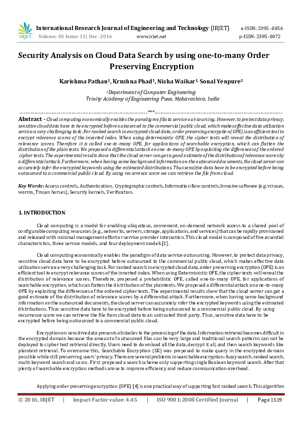 (PDF) Security Analysis on Cloud Data Search by using one-to-many Order Preserving Encryption