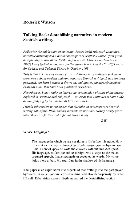 (PDF) Roderick Watson Talking Back: destabilising narratives in modern ...