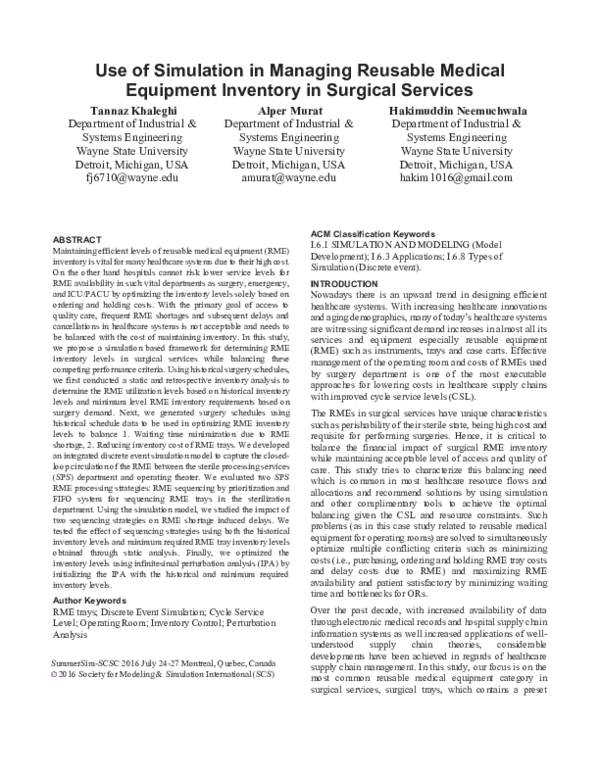 (PDF) Use of Simulation in Managing Reusable Medical Equipment ...