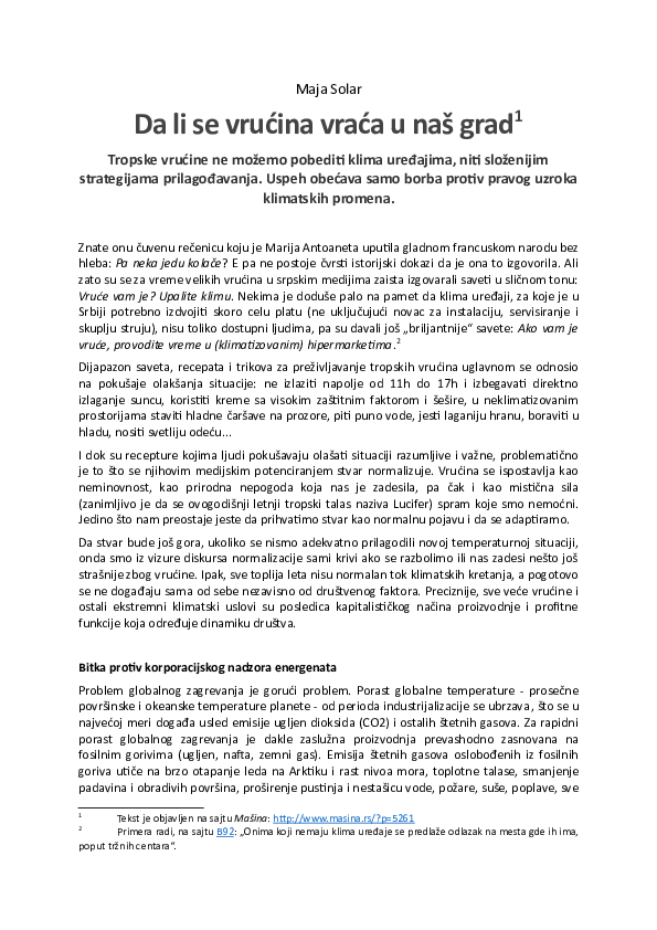 (DOC) Maja Solar, DA LI SE VRUĆINA VRAĆA U NAŠ GRAD?