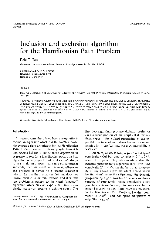(PDF) Inclusion and exclusion algorithm for the Hamiltonian path problem