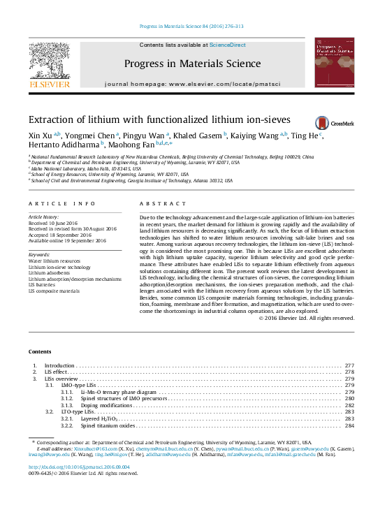(PDF) Extraction of lithium with functionalized lithium ion-sieves