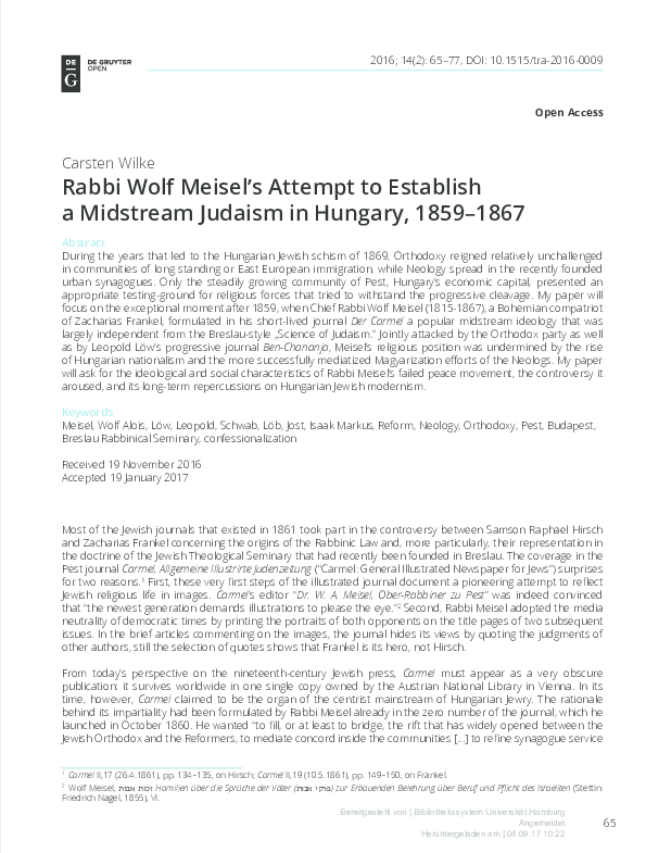 (PDF) Rabbi Wolf Meisel’s Attempt to Establish a Midstream Judaism in ...