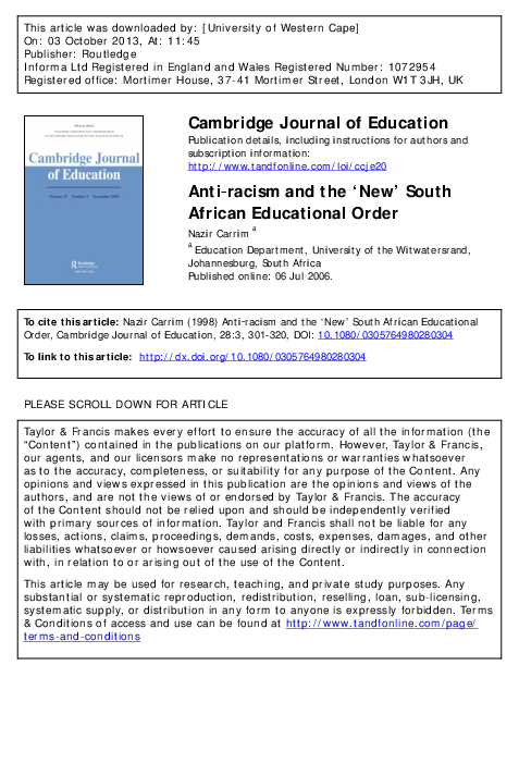 (PDF) Cambridge Journal of Education Anti‐racism and the 'New' South ...