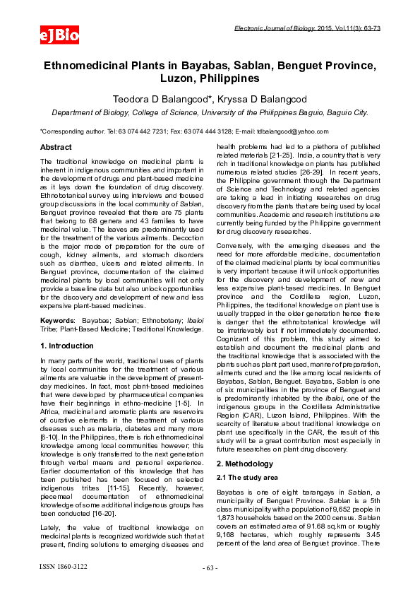 (PDF) Ethnomedicinal Plants in Bayabas, Sablan, Benguet Province, Luzon ...