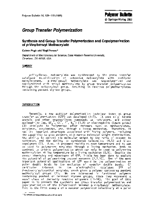 (PDF) Synthesis and group transfer polymerization and copolymerisation of p-vinylbenzyl methacrylate