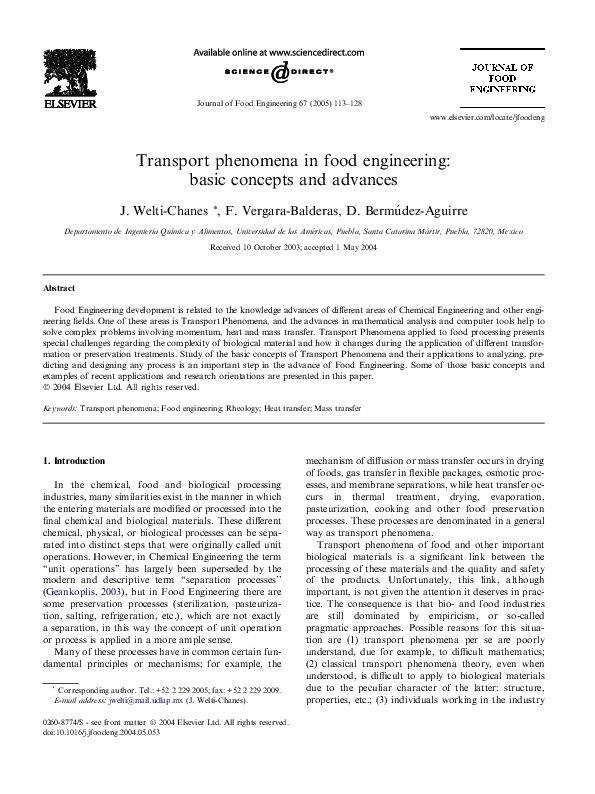 (PDF) Transport phenomena in food engineering: basic concepts and advances
