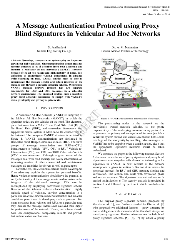 Pdf A Message Authentication Protocol Using Proxy Blind Signatures In Vehicular Ad Hoc Networks 