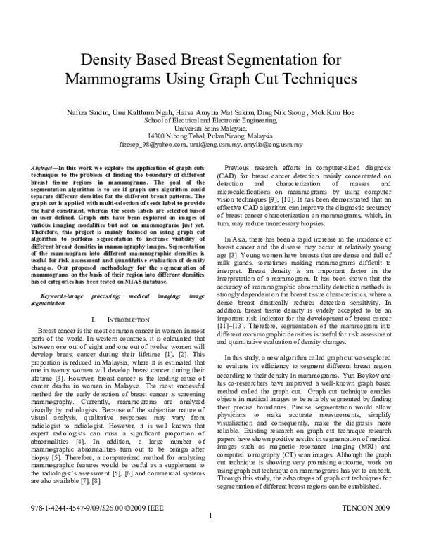 Pdf Density Based Breast Segmentation For Mammograms Using Graph Cut Techniques