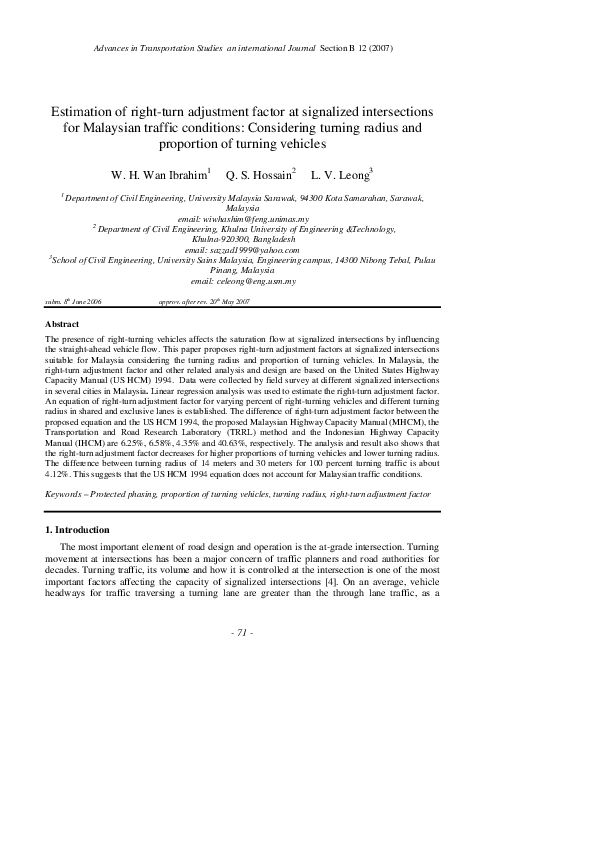 (PDF) Estimation of right-turn adjustment factor at signalized intersections for Malaysian ...