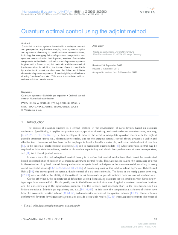 Pdf Quantum Optimal Control Using The Adjoint Method