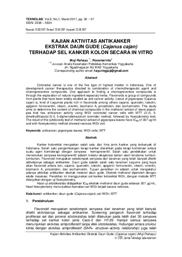 (PDF) KAJIAN AKTIVITAS ANTIKANKER EKSTRAK DAUN GUDE (Cajanus cajan ...