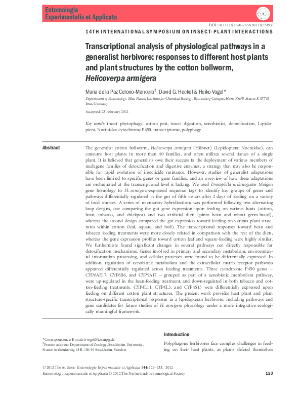 (PDF) Transcriptional analysis of physiological pathways in a generalist herbivore: responses to ...