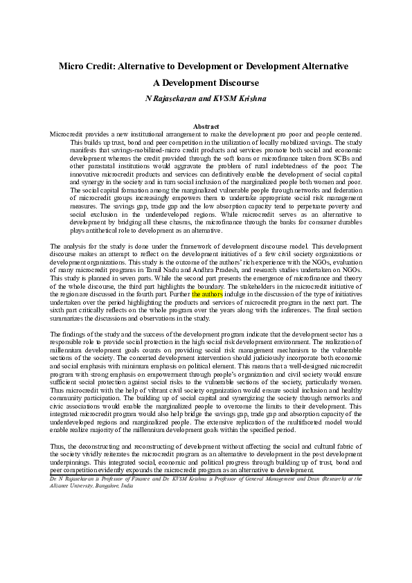 (DOC) Micro Credit: Alternative to Development or Development ...