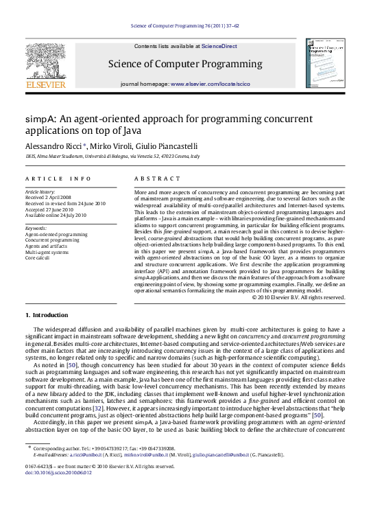 (PDF) SimpA: An agent-oriented approach for programming concurrent applications on top of Java