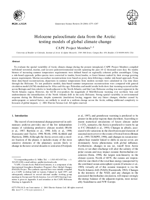 (PDF) Holocene paleoclimate data from the Arctic: testing models of ...