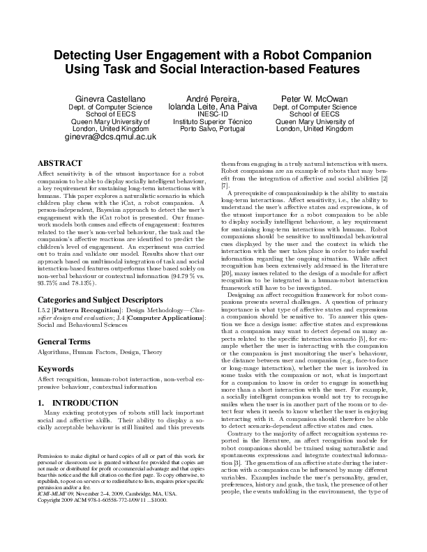 (PDF) Detecting user engagement with a robot companion using task and ...