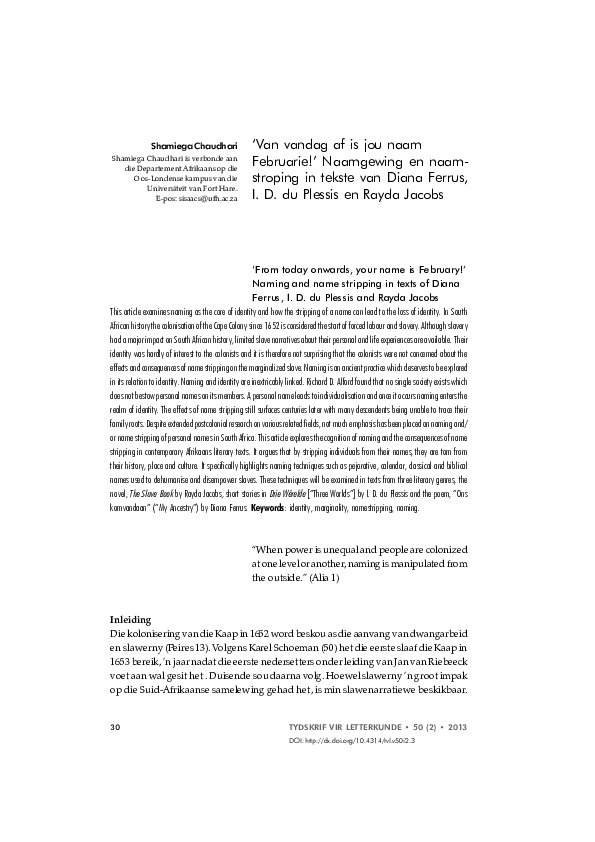 (PDF) Van vandag af is jou naam Februarie!’ Naamgewing en naamstroping ...
