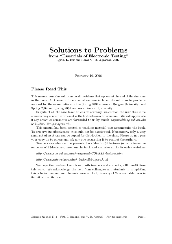 (PDF) Solutions to Problems from " Essentials of Electronic Testing