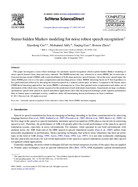 Pdf Stereo Hidden Markov Modeling For Noise Robust Speech Recognition