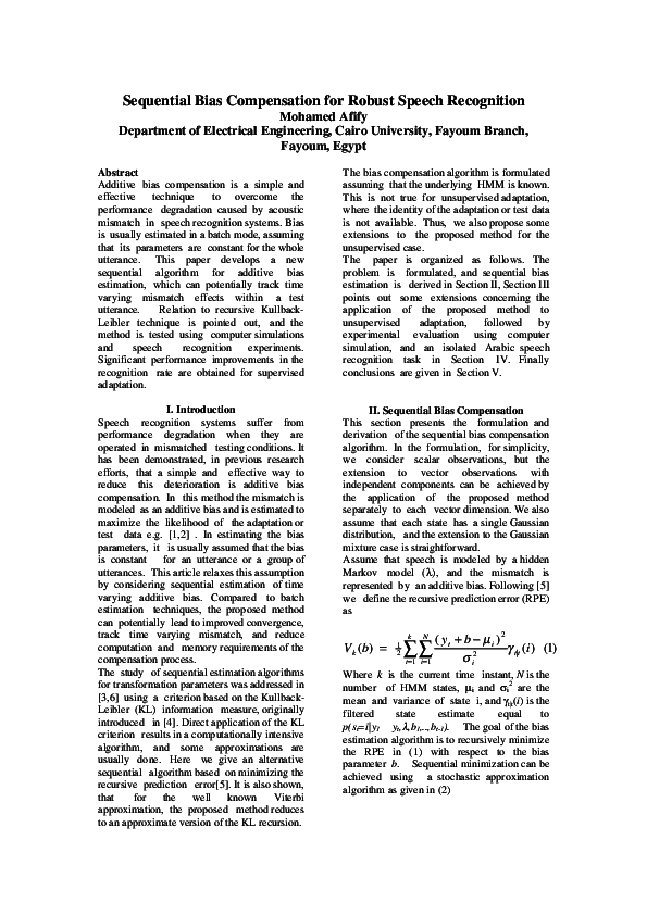 (PDF) Sequential bias compensation for robust speech recognition