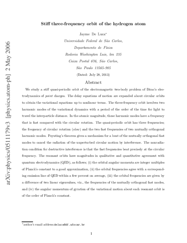 Pdf Stiff Three Frequency Orbit Of The Hydrogen Atom