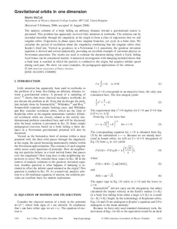 (PDF) Gravitational orbits in one dimension