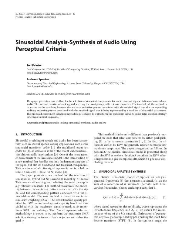 (PDF) Sinusoidal Analysis-Synthesis of Audio Using Perceptual Criteria