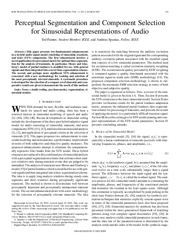 (PDF) Perceptual segmentation and component selection for sinusoidal representations of audio ...