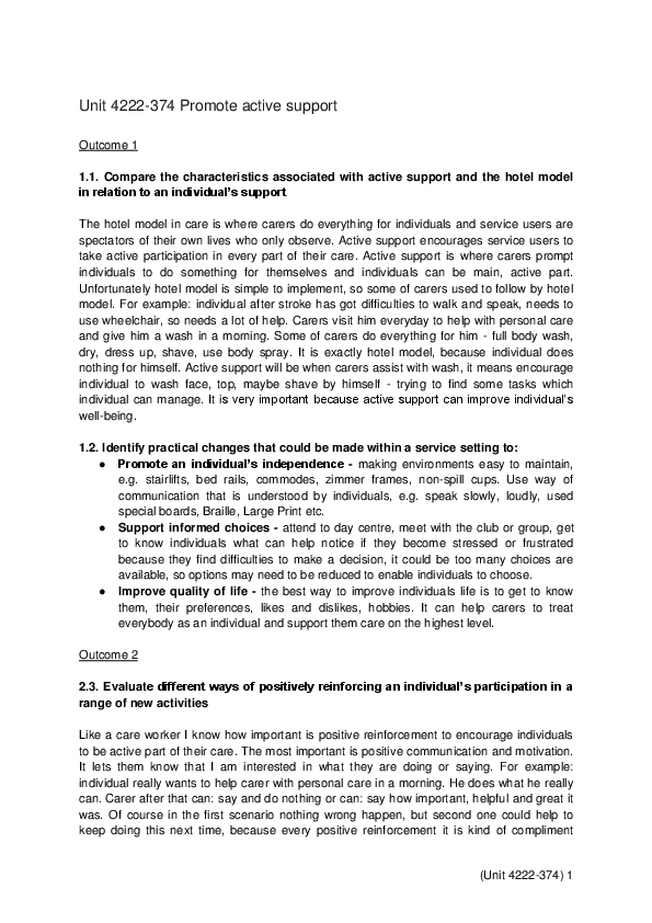 (DOC) Unit 4222-374 Promote active support Outcome 1 1.1. Compare the ...