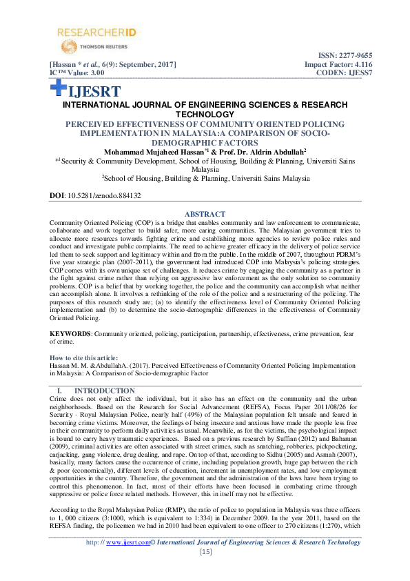 Pdf Perceived Effectiveness Of Community Oriented Policing Implementation In Malaysia A