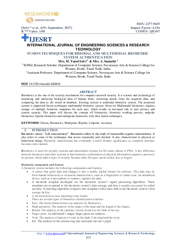 Pdf Fusion Techniques For Bimodal And Multimodal Biometric System