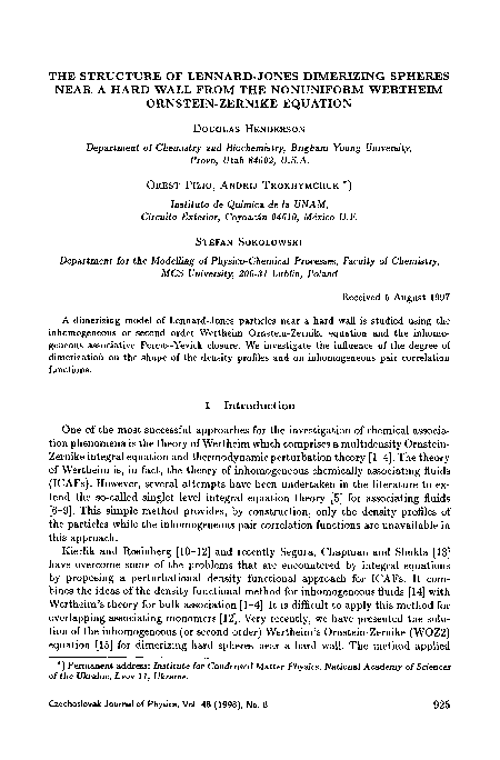 (PDF) The structure of Lennard-Jones dimerizing spheres near a hard ...