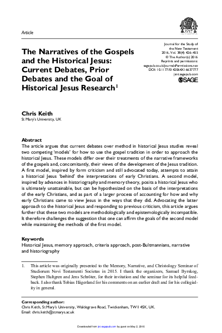(PDF) The Narratives of the Gospels and the Historical Jesus: Current ...