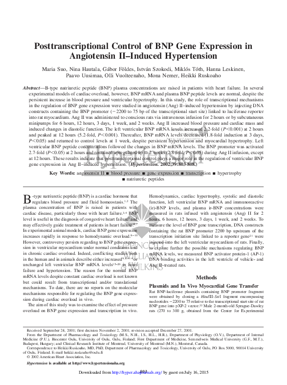(PDF) Posttranscriptional Control of BNP Gene Expression in Angiotensin ...