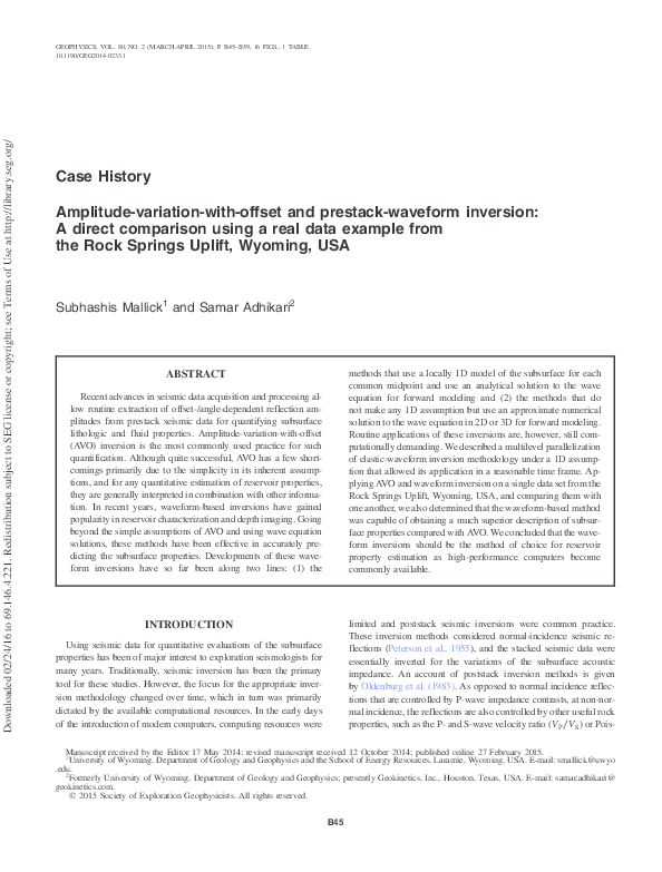 Pdf Case History Amplitude Variation With Offset And Prestack Waveform Inversion A Direct
