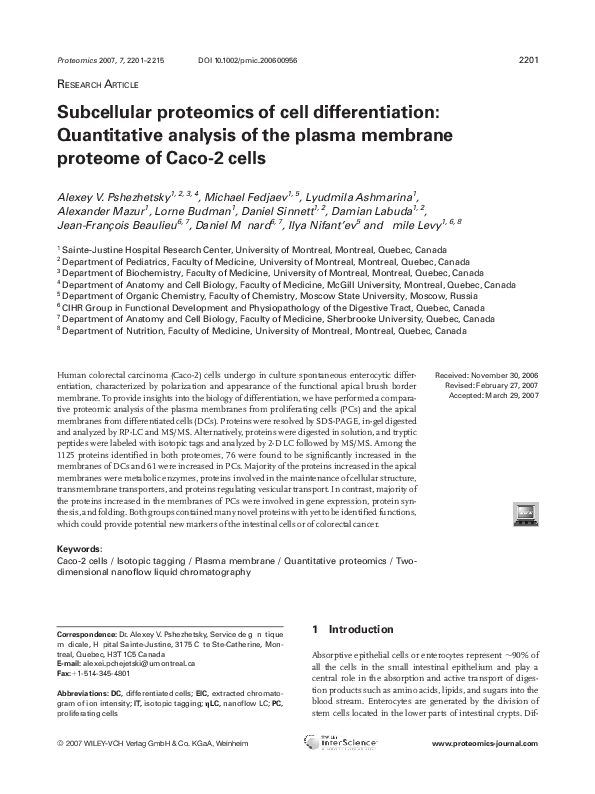(PDF) Subcellular proteomics of cell differentiation: Quantitative analysis of the plasma ...