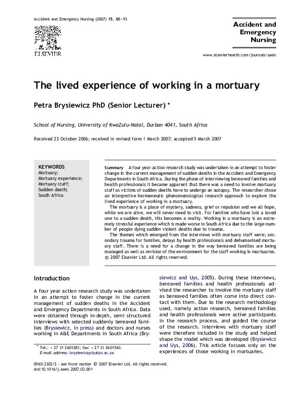 (PDF) The lived experience of working in a mortuary