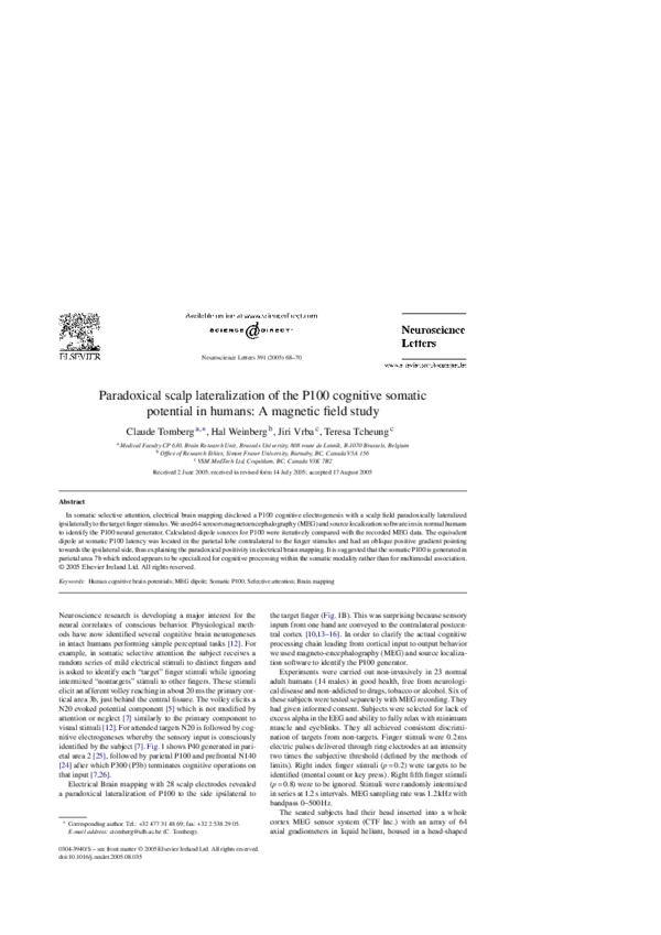 (PDF) Paradoxical scalp lateralization of the P100 cognitive somatic ...
