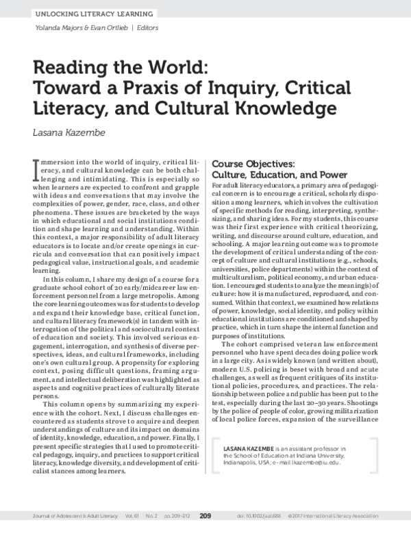 (PDF) Reading the World: Toward a Praxis of Inquiry, Critical Literacy ...