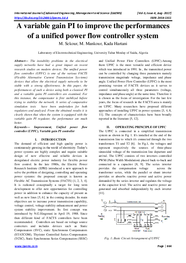 Pdf A Variable Gain Pi To Improve The Performances Of A Unified Power Flow Controller System
